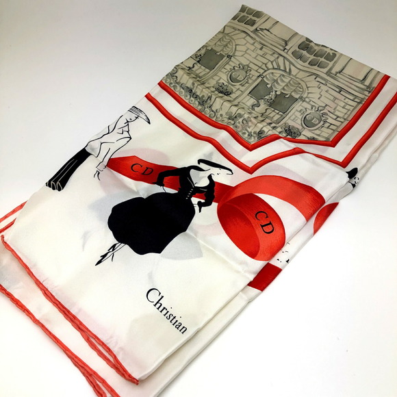 Dior | Accessories | Christian Dior Silk Scarf Cd Logo Womens White Red ...
